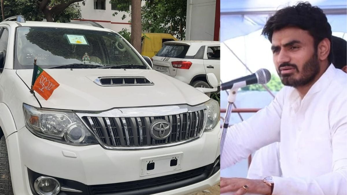 UP: Noida Shrikant Tyagi Fortuner car have MLA sticker and BJP flag